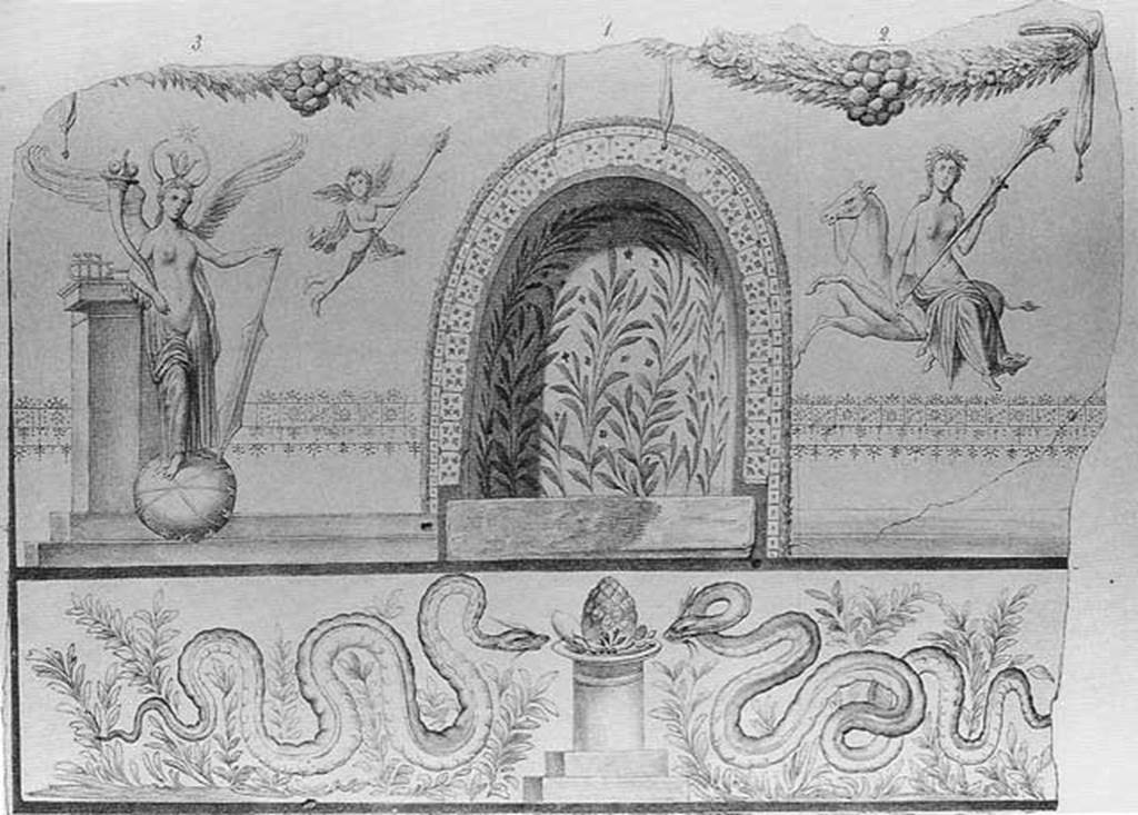 IX.3.12 Pompeii. 1872 drawing of lararium painting and niche on south wall. The niche had green ...